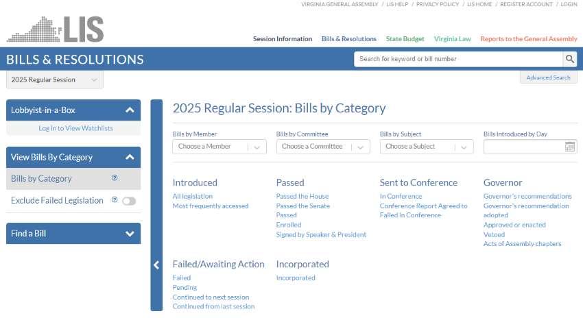 LIS Help | Bills and Resolutions - Navigating Bills by Category