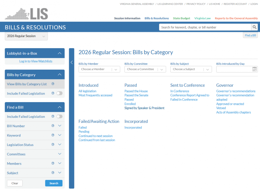 LIS Help | Bills and Resolutions - Navigating Bills by Category